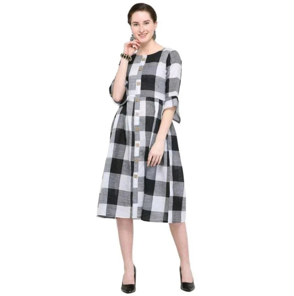 Designer Mart White & Black Cotton Weaving Checks Frock