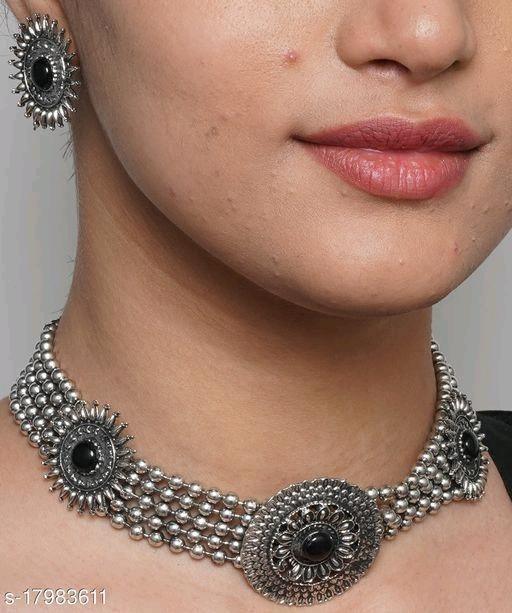 Oxidized Silver Color Necklace Set with Earrings