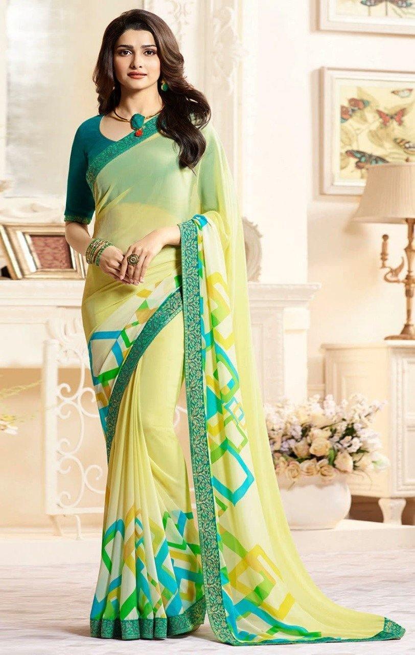 Yellow Square Printed Georgette Saree – Designer mart